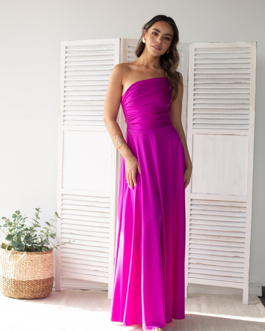 Vestido Largo de Fiesta Loreto Asimetrico Magenta – MI PLACARD